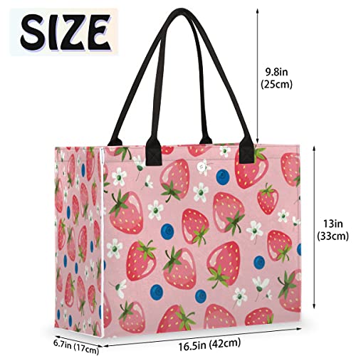 Pink Strawberry Reusable Grocery Shopping Bag with Hard Bottom, Strawberry Pattern Large Foldable Multipurpose Heavy Duty Tote with Zipper Pockets, Stands Upright, Durable and Eco Friendly, Beach Bag