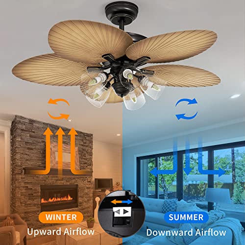 YITAHOME Tropical Ceiling Fans with Lights Remote, Wall Control Switch, 52 Inch Palm Leaf Fanlight with Clear Seeded Glass Light Kit, 3 Speed, 4 Timer, Silent Reversible Motor, Sandstone and Black