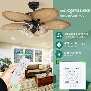 YITAHOME Tropical Ceiling Fans with Lights Remote, Wall Control Switch, 52 Inch Palm Leaf Fanlight with Clear Seeded Glass Light Kit, 3 Speed, 4 Timer, Silent Reversible Motor, Sandstone and Black