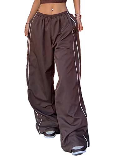 Shebote Womens Parachute Pants Wide Leg Baggy Pants Y2K Elastic Waist Jogger Sweatpants Track Pants Streetwear(0046-Coffee-S)