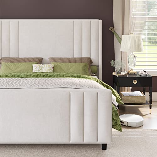 Amerlife Queen Size Bed Frame, Velvet Upholstered Platform Bed with Vertical Channel Tufted Headboard & Footboard/Wingback, Mattress Foundation with Wood Slats, No Box Spring Needed, Cream