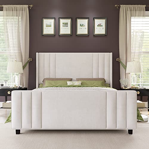 Amerlife Queen Size Bed Frame, Velvet Upholstered Platform Bed with Vertical Channel Tufted Headboard & Footboard/Wingback, Mattress Foundation with Wood Slats, No Box Spring Needed, Cream