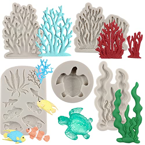 MYPRACS Marine Theme Fondant Silicone Mold Seaweed Sea Fish Coral Sea Turtle Chocolate Candy Mold For Sugar Cake Decorating Cupcake Topper Gum Paste Polymer Clay Set Of 5