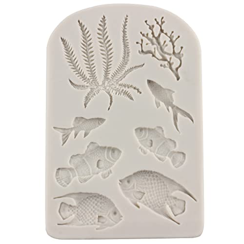 MYPRACS Marine Theme Fondant Silicone Mold Seaweed Sea Fish Coral Sea Turtle Chocolate Candy Mold For Sugar Cake Decorating Cupcake Topper Gum Paste Polymer Clay Set Of 5