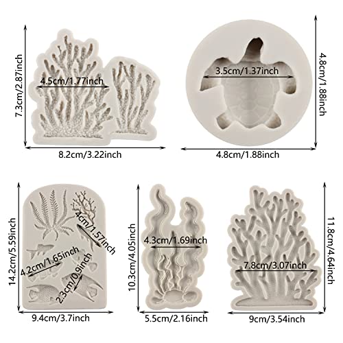 MYPRACS Marine Theme Fondant Silicone Mold Seaweed Sea Fish Coral Sea Turtle Chocolate Candy Mold For Sugar Cake Decorating Cupcake Topper Gum Paste Polymer Clay Set Of 5