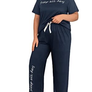 Floerns Women's Plus Size Pajamas Graphic Print Short Sleeve Tee with Pants Pj Set Navy Blue 5XL