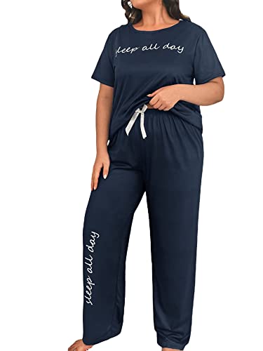 Floerns Women's Plus Size Pajamas Graphic Print Short Sleeve Tee with Pants Pj Set Navy Blue 5XL