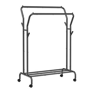 songmics clothes rack, double-rod clothing rack with wheels, heavy-duty metal frame, garment rack, 220 lb max. total load, 40.7 inches wide, clothes storage and display, black uhsr107b01