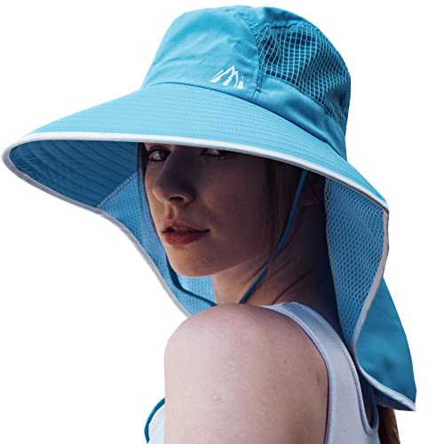 Sun Hat Womens UV Protection Fishing Hat Foldable Waterproof Hiking Hat Women Wide Brim Gardening Hat with Neck Flap Blue