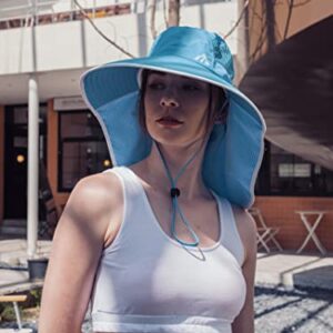 Sun Hat Womens UV Protection Fishing Hat Foldable Waterproof Hiking Hat Women Wide Brim Gardening Hat with Neck Flap Blue