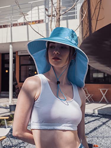 Sun Hat Womens UV Protection Fishing Hat Foldable Waterproof Hiking Hat Women Wide Brim Gardening Hat with Neck Flap Blue