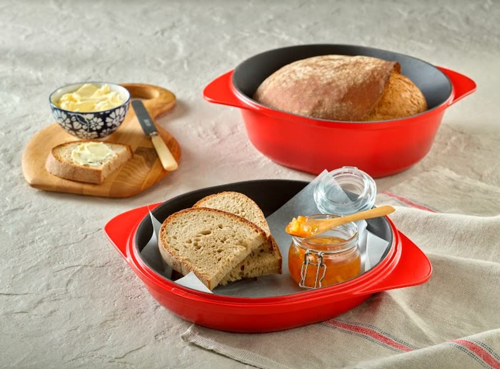 Lava Cast Iron Artisan Bread Baker, Enameled Cast Iron Bread Oven, Rectangle Loaf Pan, Sourdough, Italian, French Bread Baking Pan, Bread Kit with Lid (Red, 9.5" by 10.5")