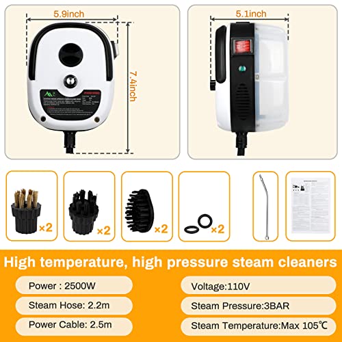 2500W High Pressure Steam Cleaner, Handheld Steam Cleaner Machine with 6 Brush Heads High Temperature Fast Heating Steamer Cleaners for Home Use, Car Detailing, Kitchen, Bathroom, Furniture,Etc.