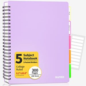 sunee 5 subject notebook college ruled - 300 pages, 8.2"x10.8", spiral lined notebook with 5 pocket colored dividers, 3-hole punched paper, purple notebooks for school supplies, home & office, writing journal