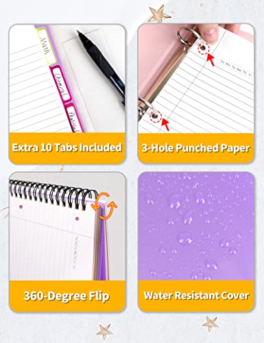 SUNEE 5 Subject Notebook College Ruled - 300 Pages, 8.2"x10.8", Spiral Lined Notebook with 5 Pocket Colored Dividers, 3-Hole Punched Paper, Purple Notebooks for School Supplies, Home & Office, Writing Journal