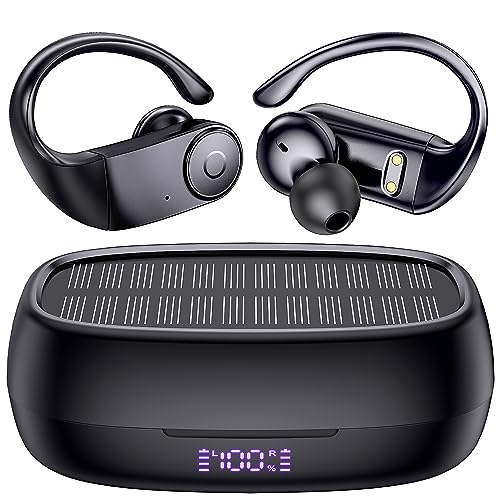 Wireless Earbuds Bluetooth Headphones with Earhooks[Solar Charging &Wireless Charging with LED Display][IPX7 Waterproof ]Wireless Over Ear Buds Built-in Mics Headset for Sport Running Workout-Black