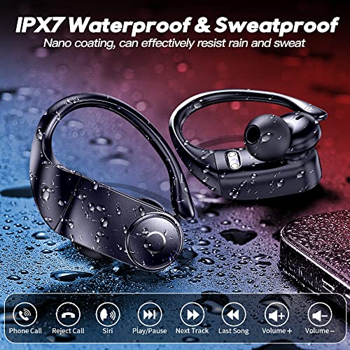 Wireless Earbuds Bluetooth Headphones with Earhooks[Solar Charging &Wireless Charging with LED Display][IPX7 Waterproof ]Wireless Over Ear Buds Built-in Mics Headset for Sport Running Workout-Black