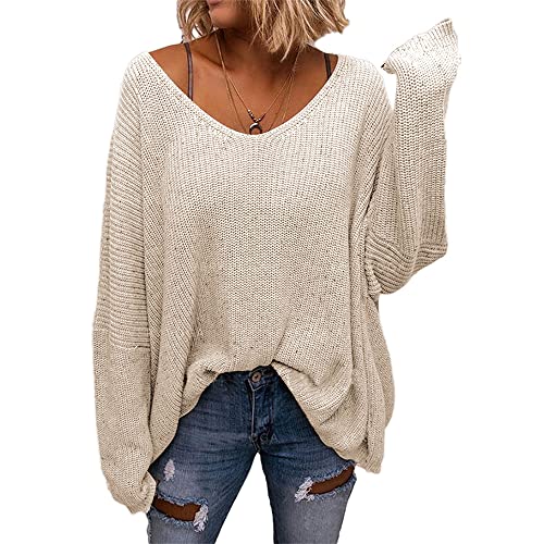 BZB Women's V Neck Long Sleeve Knit Loose Oversized Pullover Sweater Top