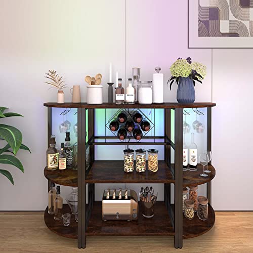 Wine Rack Table with Socket and LED Light 47.3 Inch Wood Coffee Bar Cabinet Detachable with Adjustable Wine Rack, FreeStanding Wine Bar Rack, Sideboard and Buffet Cabinet for Liquor and Glasses