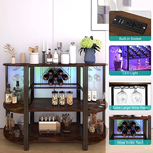 Wine Rack Table with Socket and LED Light 47.3 Inch Wood Coffee Bar Cabinet Detachable with Adjustable Wine Rack, FreeStanding Wine Bar Rack, Sideboard and Buffet Cabinet for Liquor and Glasses