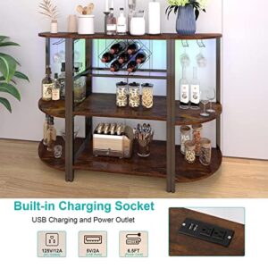 Wine Rack Table with Socket and LED Light 47.3 Inch Wood Coffee Bar Cabinet Detachable with Adjustable Wine Rack, FreeStanding Wine Bar Rack, Sideboard and Buffet Cabinet for Liquor and Glasses