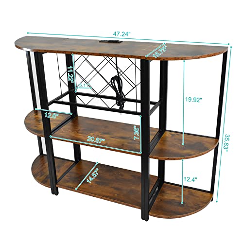 Wine Rack Table with Socket and LED Light 47.3 Inch Wood Coffee Bar Cabinet Detachable with Adjustable Wine Rack, FreeStanding Wine Bar Rack, Sideboard and Buffet Cabinet for Liquor and Glasses