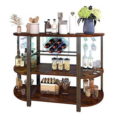 Wine Rack Table with Socket and LED Light 47.3 Inch Wood Coffee Bar Cabinet Detachable with Adjustable Wine Rack, FreeStanding Wine Bar Rack, Sideboard and Buffet Cabinet for Liquor and Glasses