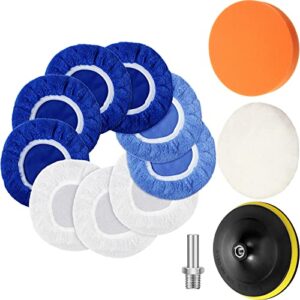 12 pcs 7 inch polishing pads kit, include wool polishing buffing pads, 9 pcs buffer bonnets 4 polyester brocade 3 woolen 2 coral fleece, foam sponge pad, drill buffer attachment with m14 drill adapter