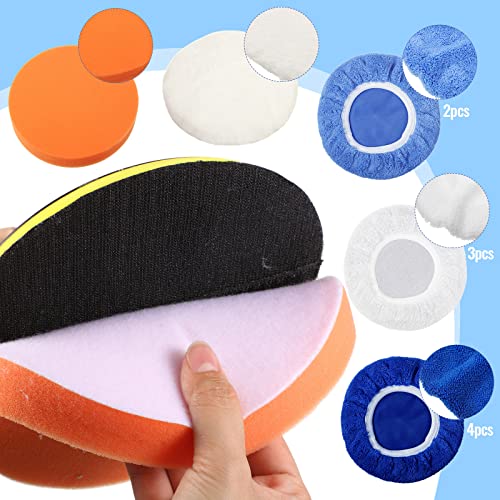 12 Pcs 7 Inch Polishing Pads Kit, Include Wool Polishing Buffing Pads, 9 Pcs Buffer Bonnets 4 Polyester Brocade 3 Woolen 2 Coral Fleece, Foam Sponge Pad, Drill Buffer Attachment with M14 Drill Adapter