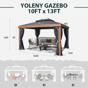 YOLENY 10' x 13' Hardtop Gazebo Metal Gazebo with Faux Wood Grain Aluminum Frame, Galvanized Steel Double Roof, Outdoor Patio Gazebo Pergolas with Netting and Curtains for Backyard, Patio, Lawns