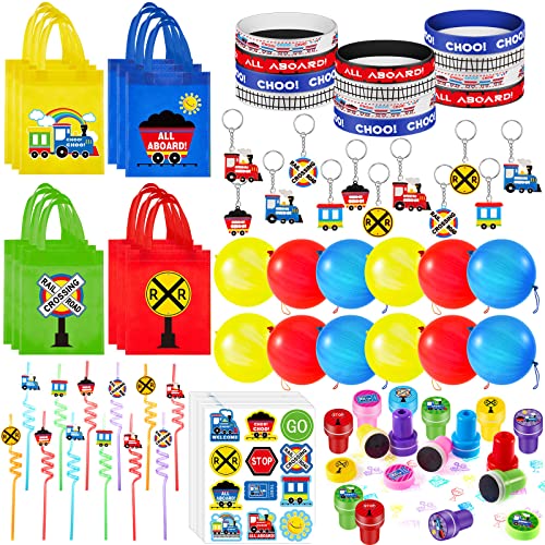 228 Pcs Train Party Favors Train Birthday Party Supplies Train Non Woven Bags Plastic Straws Punch Balloons Stamps Stickers Train Silicone Wristbands for Boy Kids Train Birthday Party Supplies