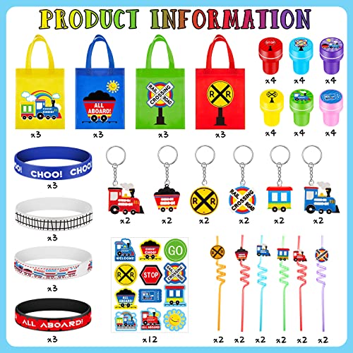 228 Pcs Train Party Favors Train Birthday Party Supplies Train Non Woven Bags Plastic Straws Punch Balloons Stamps Stickers Train Silicone Wristbands for Boy Kids Train Birthday Party Supplies