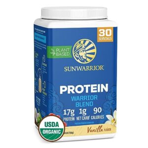 sunwarrior vegan protein powder organic plant-based protein | bcaa amino acids hemp seed plant protein | soy free dairy free gluten free synthetic free non-gmo | vanilla 30 servings | warrior blend