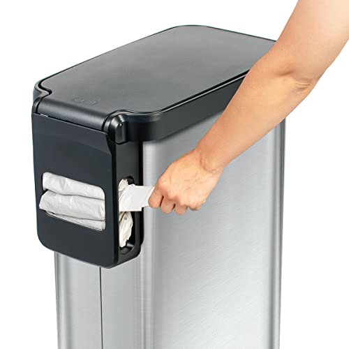 Glad Slim Trash Can with Clorox Odor Protection - Narrow Kitchen Garbage Bin with Soft Close Lid, Step On Foot Pedal and Waste Bag Roll Holder, Stainless Steel, 45 Liter