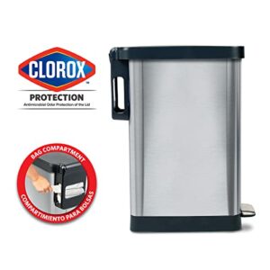 Glad Slim Trash Can with Clorox Odor Protection - Narrow Kitchen Garbage Bin with Soft Close Lid, Step On Foot Pedal and Waste Bag Roll Holder, Stainless Steel, 45 Liter