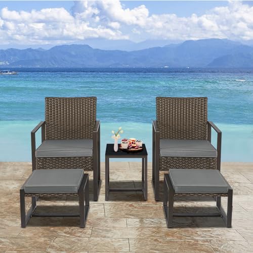 YIYAN 5 PCS Wicker Patio Conversation Set,Outdoor Rattan Wicker Sofas with Table,Outdoor Furniture Set with Soft Cushions & Comfortable footrest for Poolside Courtyard Balcony(Gray)