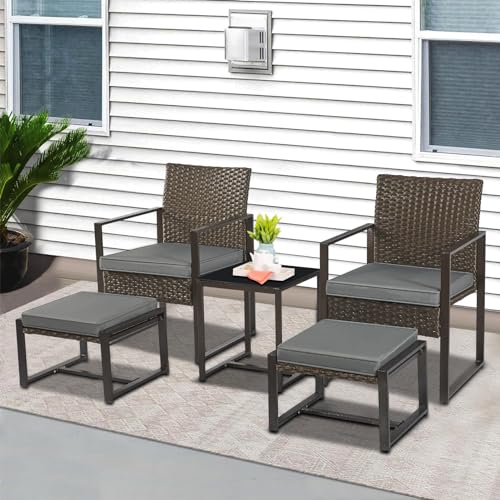 YIYAN 5 PCS Wicker Patio Conversation Set,Outdoor Rattan Wicker Sofas with Table,Outdoor Furniture Set with Soft Cushions & Comfortable footrest for Poolside Courtyard Balcony(Gray)