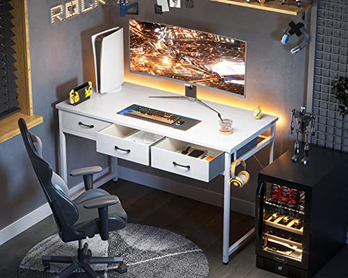 ODK 48 Inch Computer Desk with 3 Fabric Drawers, Home Office Desks with Storage, Modern Work Desk for Bedroom, Writing Study Table, White