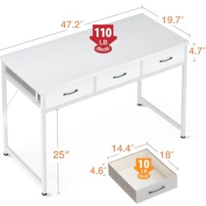 ODK 48 Inch Computer Desk with 3 Fabric Drawers, Home Office Desks with Storage, Modern Work Desk for Bedroom, Writing Study Table, White