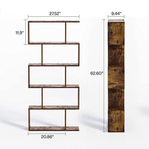 CHF DPT 5-Tier Geometric Bookcase, Brown Wooden Modern Bookshelf with Large Capacity, Freestanding Decorative Tall Bookcase Shelving for Bedroom Living Room, S Shaped Bookshelf with Particleboard