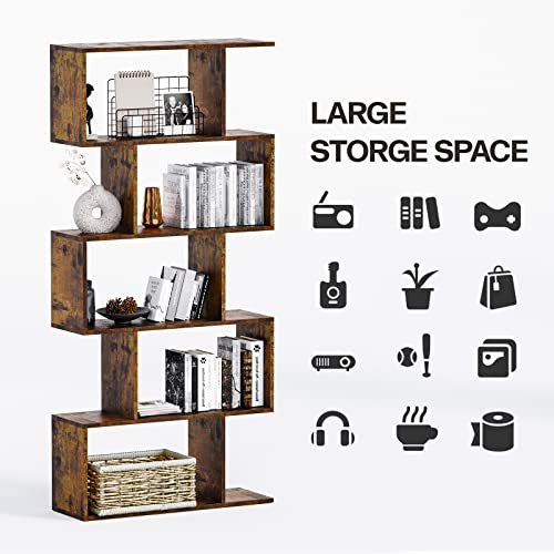 CHF DPT 5-Tier Geometric Bookcase, Brown Wooden Modern Bookshelf with Large Capacity, Freestanding Decorative Tall Bookcase Shelving for Bedroom Living Room, S Shaped Bookshelf with Particleboard