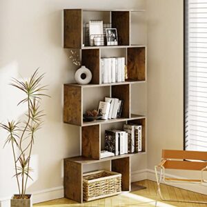 CHF DPT 5-Tier Geometric Bookcase, Brown Wooden Modern Bookshelf with Large Capacity, Freestanding Decorative Tall Bookcase Shelving for Bedroom Living Room, S Shaped Bookshelf with Particleboard