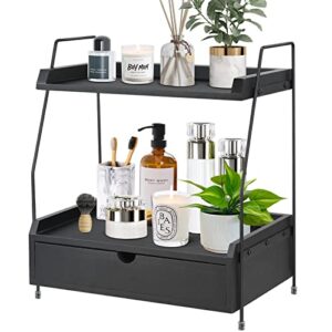 y&me ym 2-tier countertop organizer for bathroom counter - wood bathroom counter organizers shelf with drawer cosmetic storage, standing vanity tray for bathroom organization and decor(black)