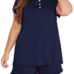 Celkuser Womens Plus Size Cute Short Pajama Set Ruffle Sleeve Button Sleepwear Soft PJs with Pocket CEL1002(cel1002,5XL,Navy)