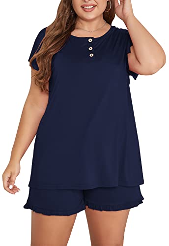 Celkuser Womens Plus Size Cute Short Pajama Set Ruffle Sleeve Button Sleepwear Soft PJs with Pocket CEL1002(cel1002,5XL,Navy)