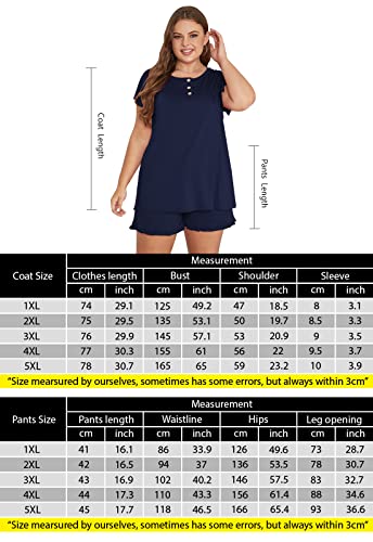 Celkuser Womens Plus Size Cute Short Pajama Set Ruffle Sleeve Button Sleepwear Soft PJs with Pocket CEL1002(cel1002,5XL,Navy)