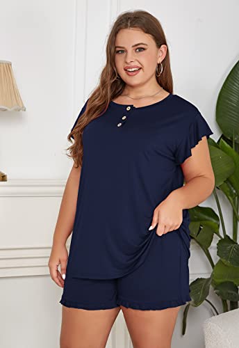 Celkuser Womens Plus Size Cute Short Pajama Set Ruffle Sleeve Button Sleepwear Soft PJs with Pocket CEL1002(cel1002,5XL,Navy)