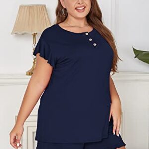 Celkuser Womens Plus Size Cute Short Pajama Set Ruffle Sleeve Button Sleepwear Soft PJs with Pocket CEL1002(cel1002,5XL,Navy)