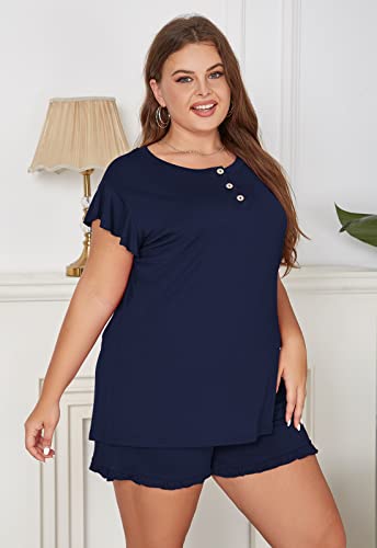 Celkuser Womens Plus Size Cute Short Pajama Set Ruffle Sleeve Button Sleepwear Soft PJs with Pocket CEL1002(cel1002,5XL,Navy)