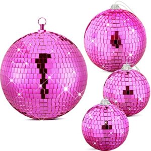 4 pcs large pink disco ball mirror disco ball 70s mellow pink disco ball hanging disco ball stage lightning effect ball for 70s theme party dj stage props wedding birthday decoration(8", 6", 4")